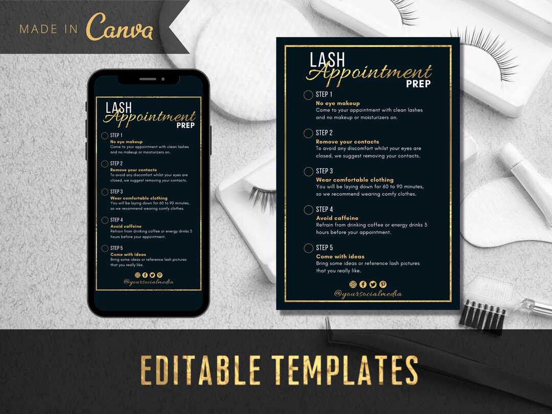 Lash Extension Appointment Prep Card Gold Eyelash Business - Etsy