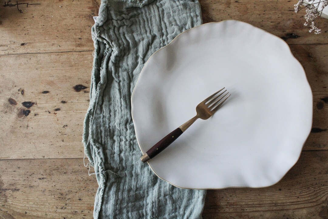 Dinner Plate Set of 2 White Beige Irregular Shaped Organic Edge Large ...