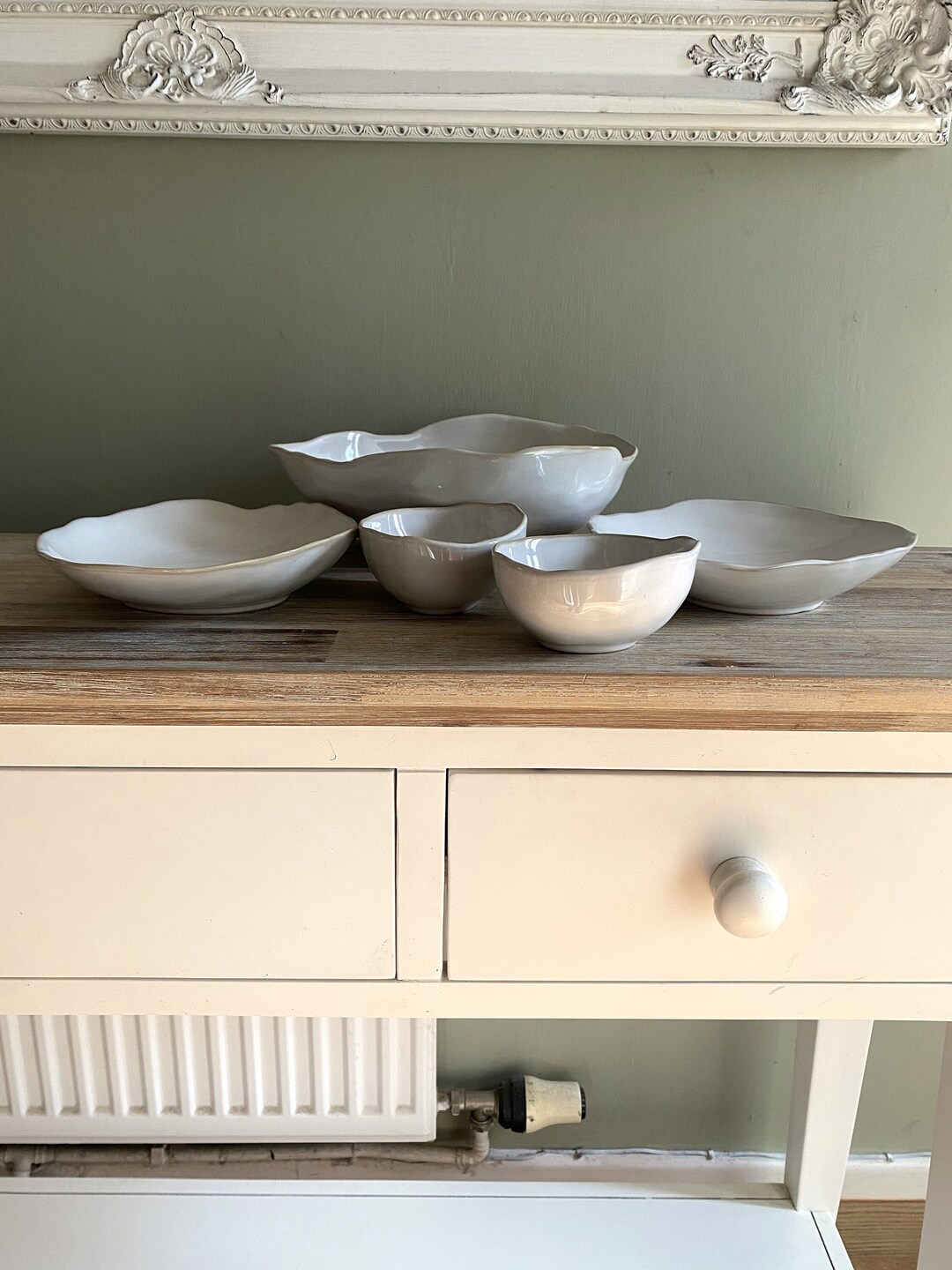 Bowl Set White 5 Piece Irregular Shape Neutral Reactive Glaze Large ...