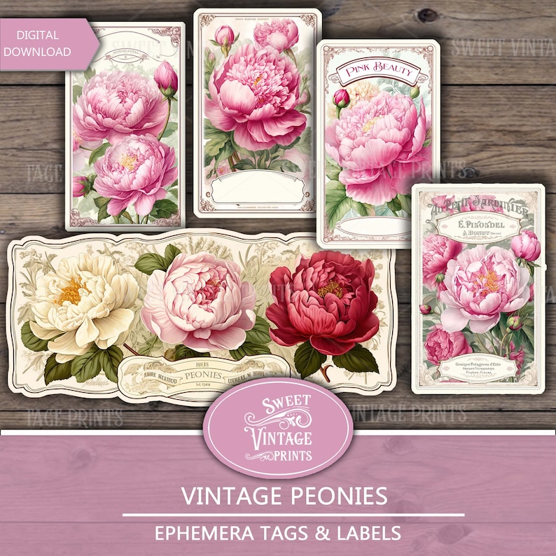 Peonies Junk Journal Ephemera | Pink Peony Printable Tags & Labels ...