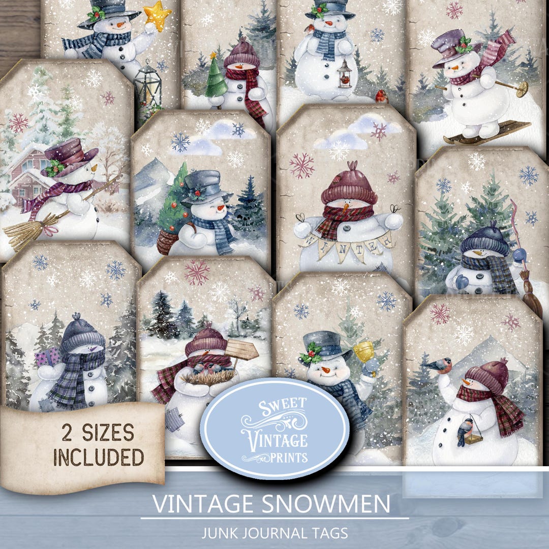 Vintage Snowman Printable Tags | Winter Junk Journal Ephemera | Snowmen ...