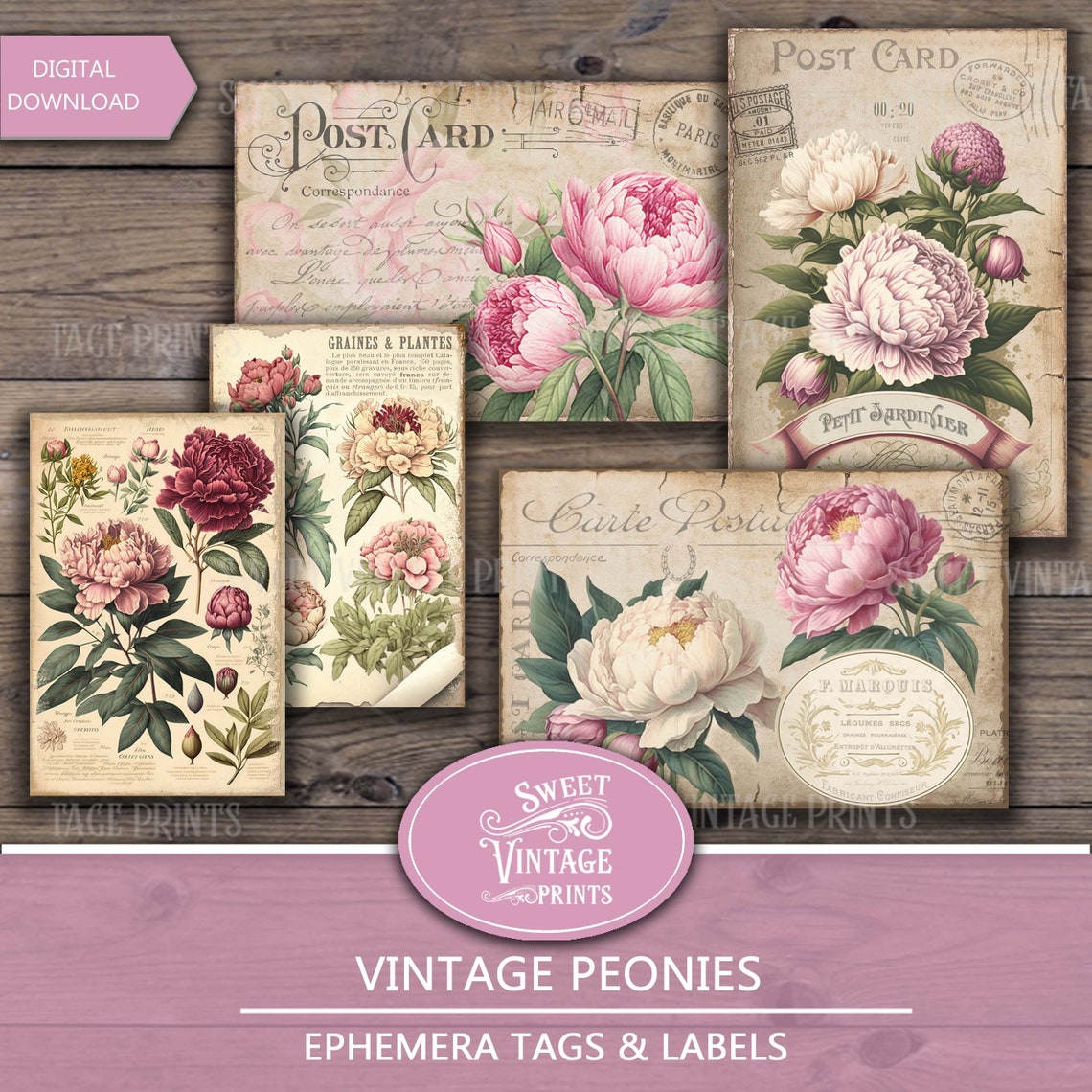Peonies Junk Journal Ephemera | Pink Peony Printable Tags & Labels ...