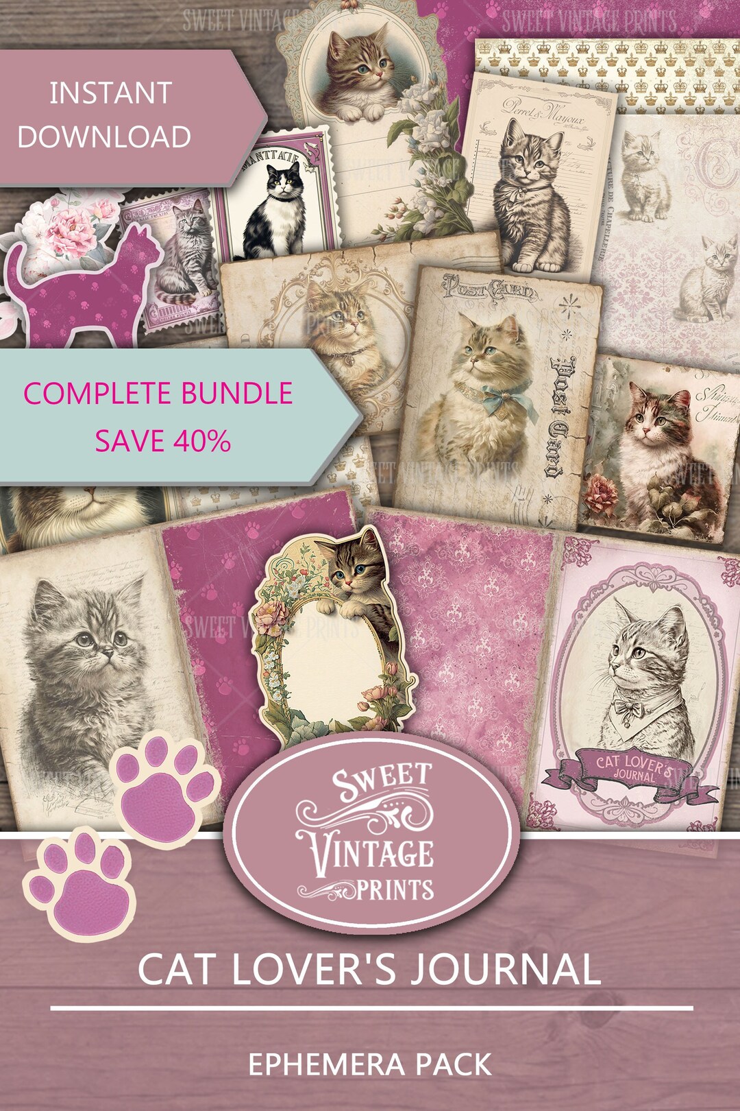 Cat Lover's Junk Journal Kit, Cat Junk Journal BUNDLE, Cat Ephemera ...