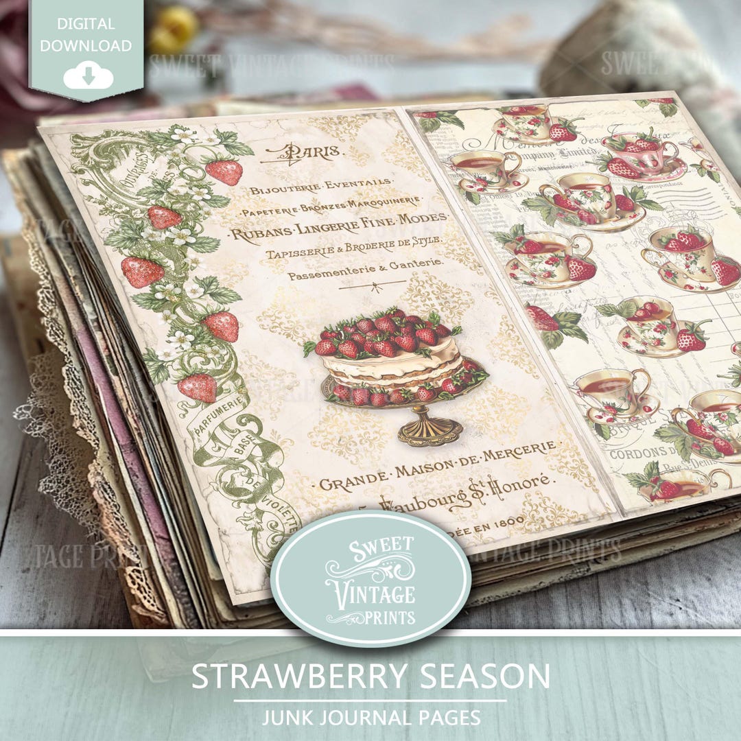 Strawberry Junk Journal Pages | Vintage Strawberries Digital Paper Pack ...