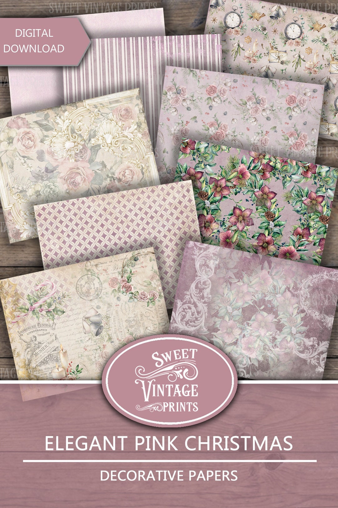 Elegant Pink Christmas Digital Paper Pack, Pink Christmas Junk Journal ...