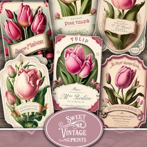 Vintage Pink Tulips Ephemera Tags, Tulip Labels, Tulip Junk Journal ...