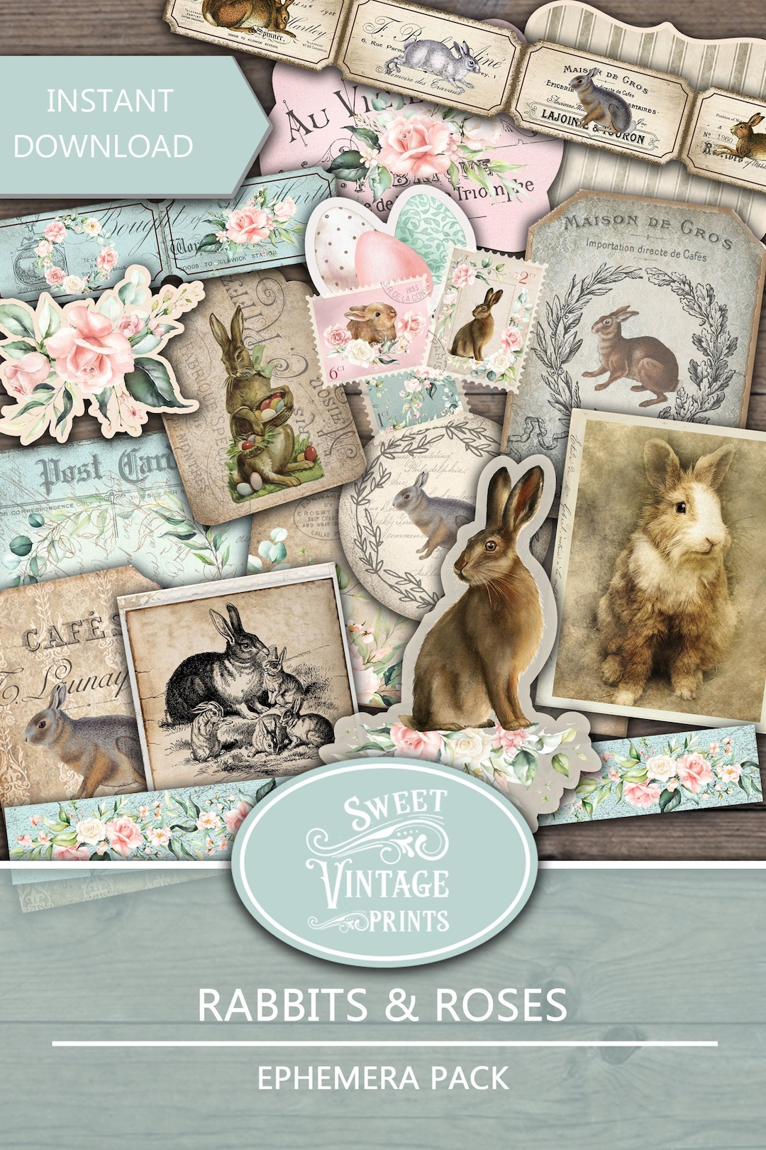 Rabbits & Roses Ephemera Pack, French Rabbits Junk Journal, Easter ...