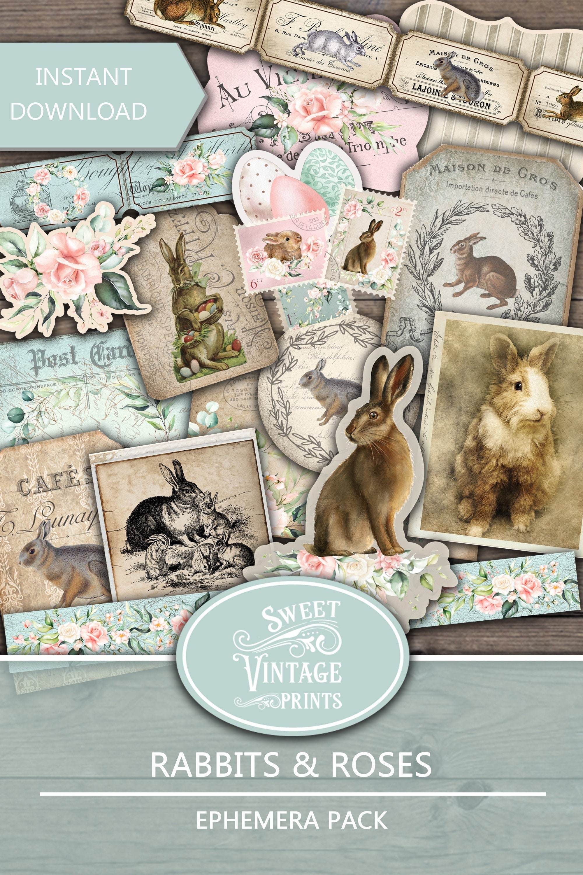 Rabbits & Roses Ephemera Pack, French Rabbits Junk Journal, Easter ...