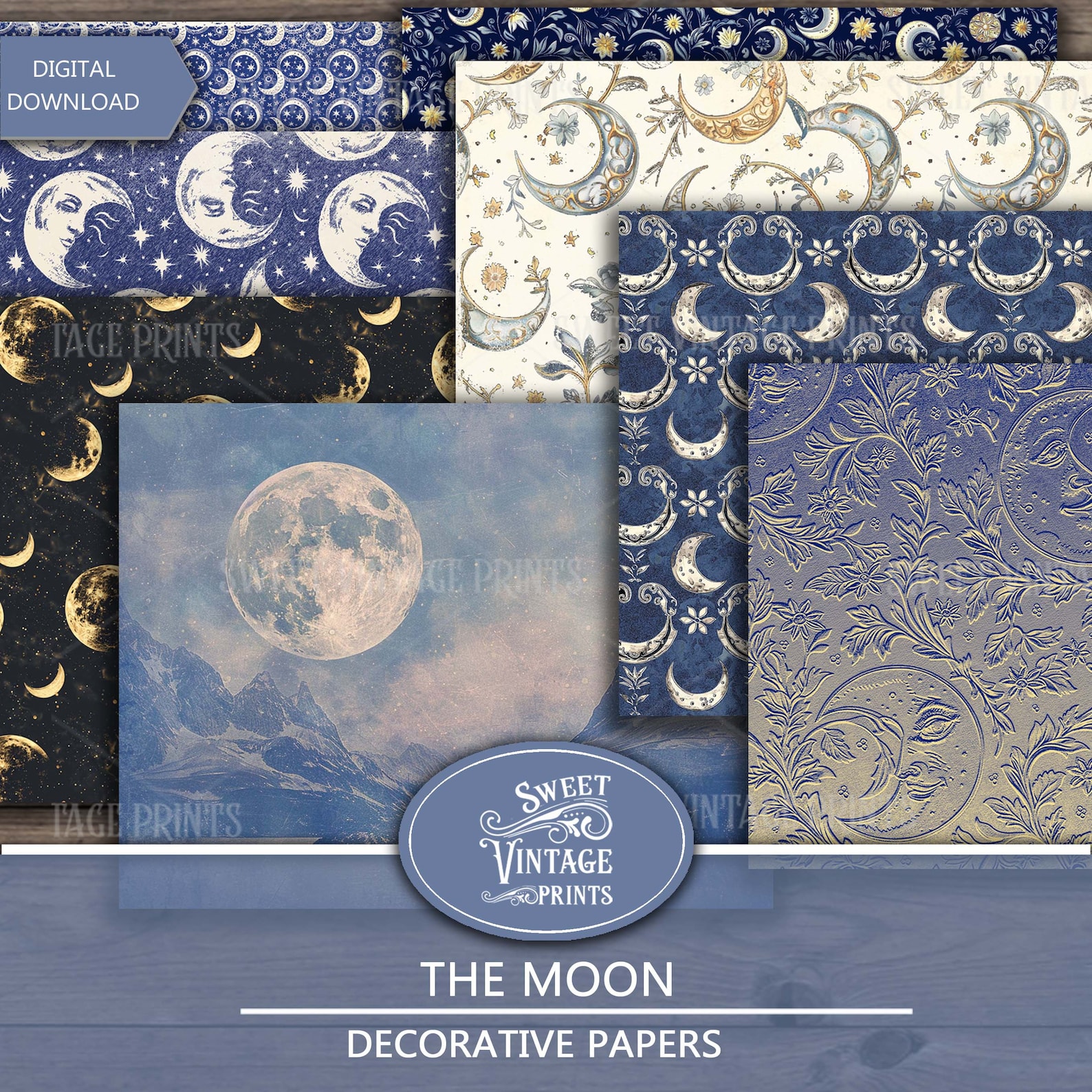 Moon Junk Journal Printable Papers | Moon Digital Paper Pack | Blue ...