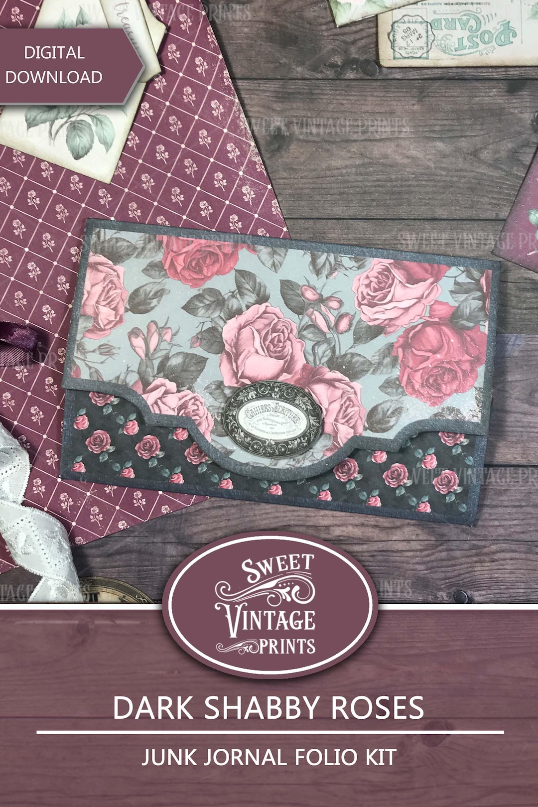 Dark Shabby Rose Clutch Folio | Printable Rose Ephemera | Rose Junk ...