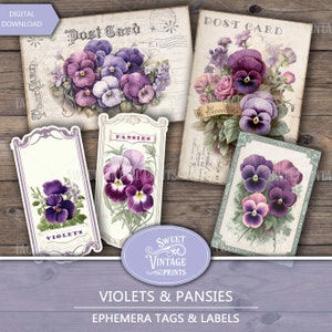 Violets Junk Journal Ephemera, Pansies Tags & Labels Printable, Vintage ...