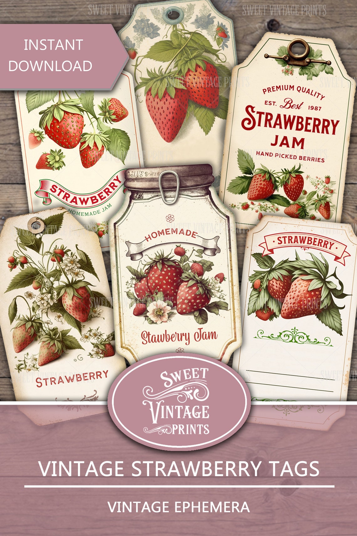 Vintage Strawberry Tags, Strawberry Jam Printable Labels, Strawberry ...