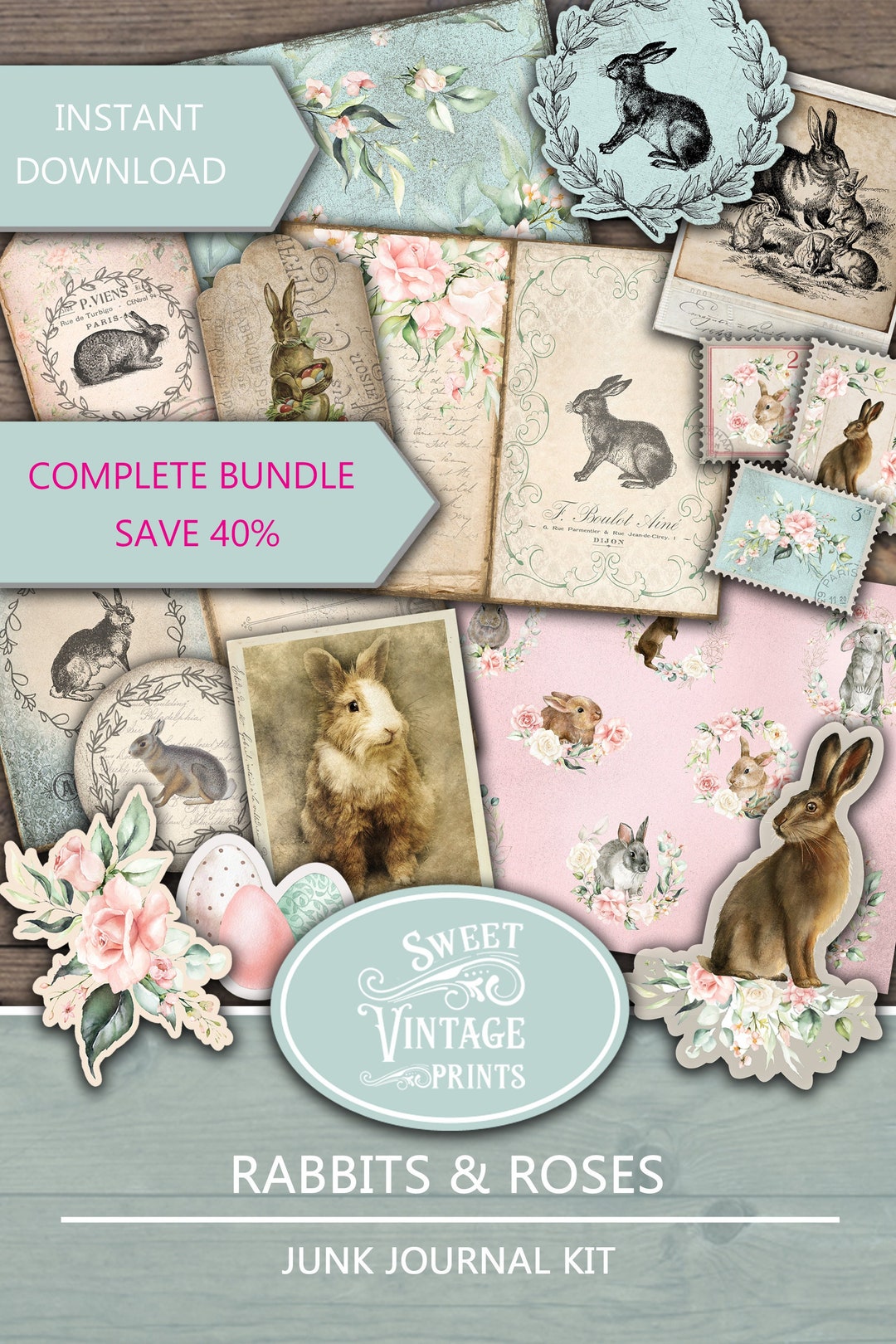 Rabbits & Roses Junk Journal BUNDLE, French Rabbit Junk Journal ...