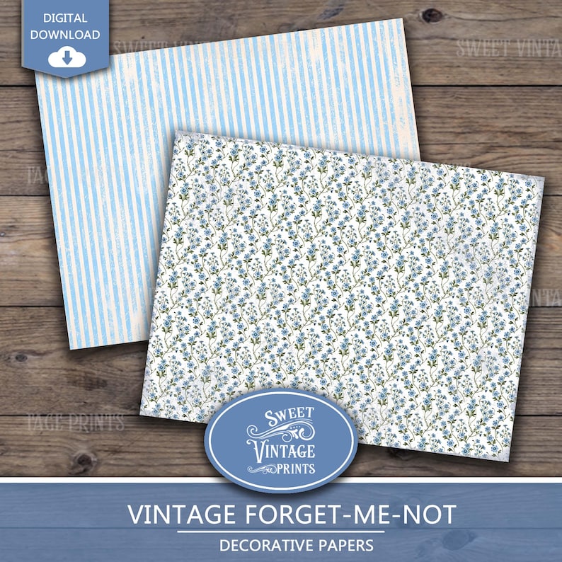 Vintage Forget-me-not Junk Journal Papers | Blue Florals Digital Paper ...