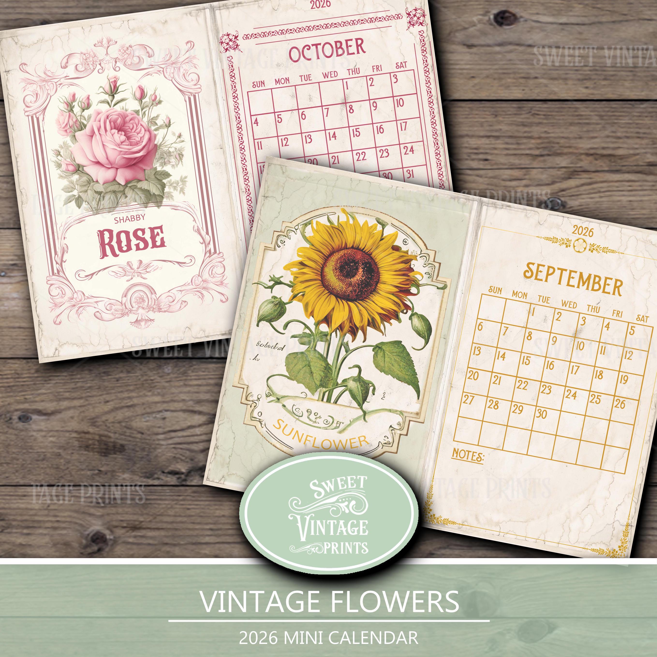 Printable 2026 Mini Calendar | Vintage Flowers Calendar | DIY Planner ...