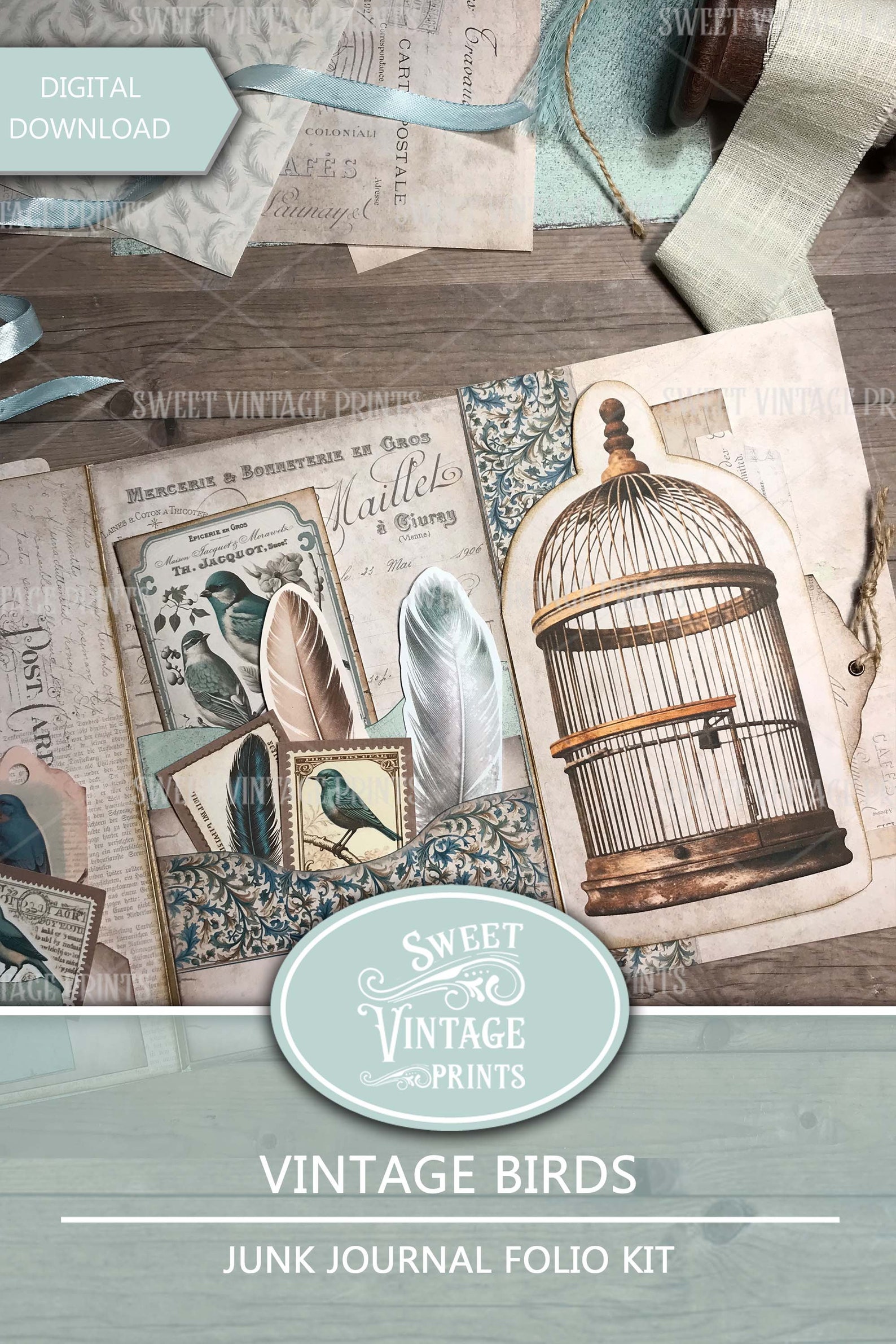 Junk Journal Folio Kit Vintage Birds, Vintage Birds Printable Folio ...