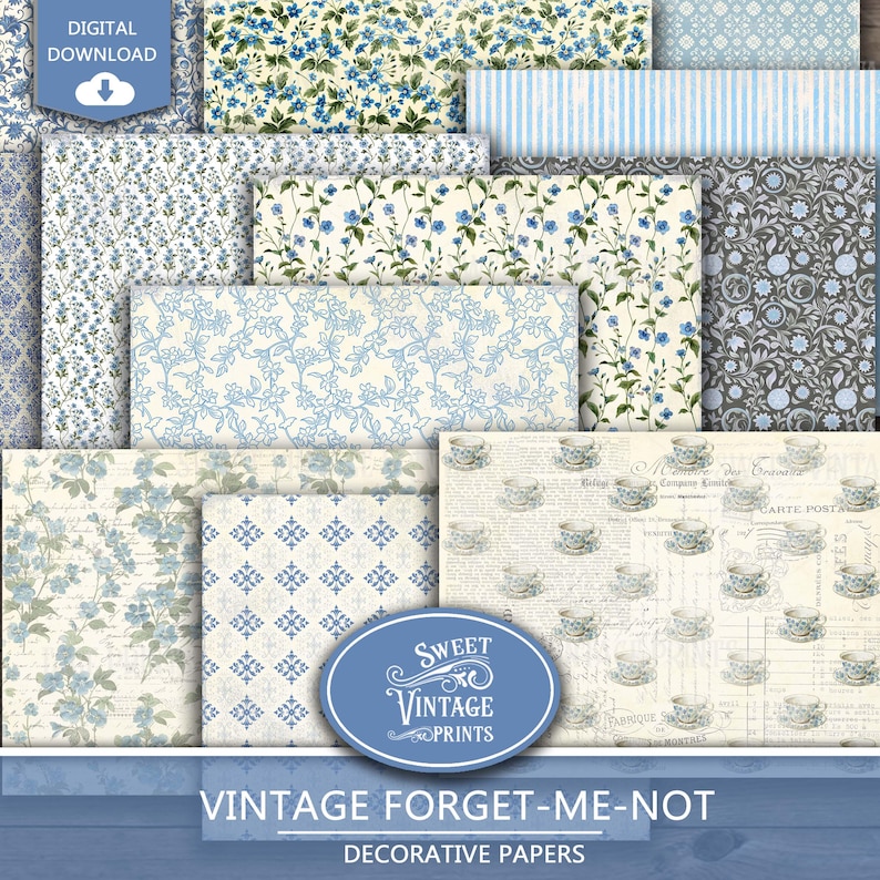 Vintage Forget-me-not Junk Journal Papers | Blue Florals Digital Paper ...