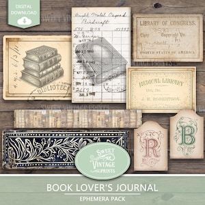 Book Lovers Junk Journal Ephemera | Library Cards Printable Tags Labels ...