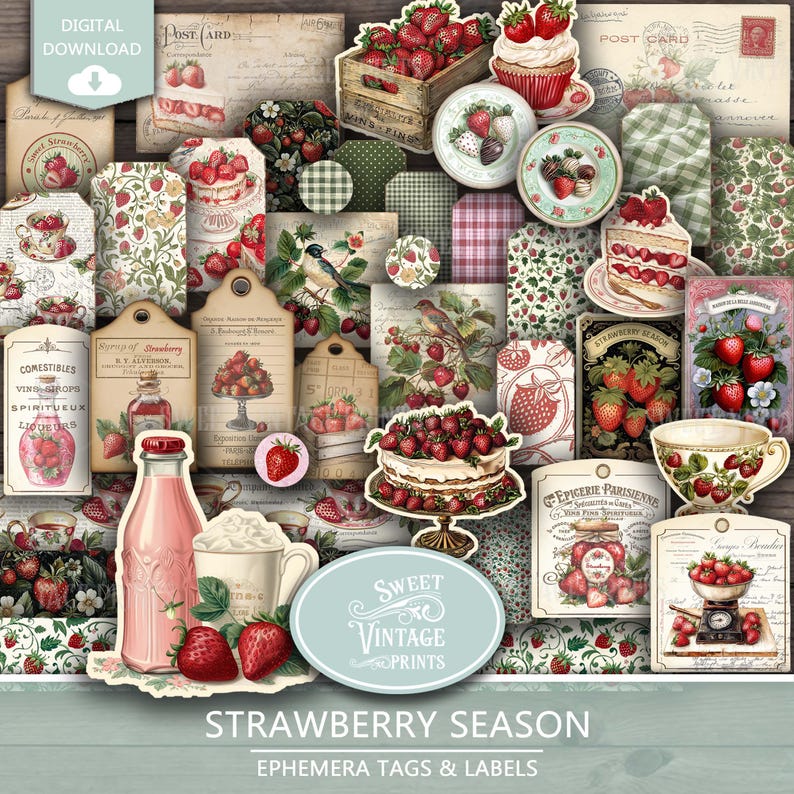 Strawberry Junk Journal Ephemera | Vintage Strawberries Printable Tags ...