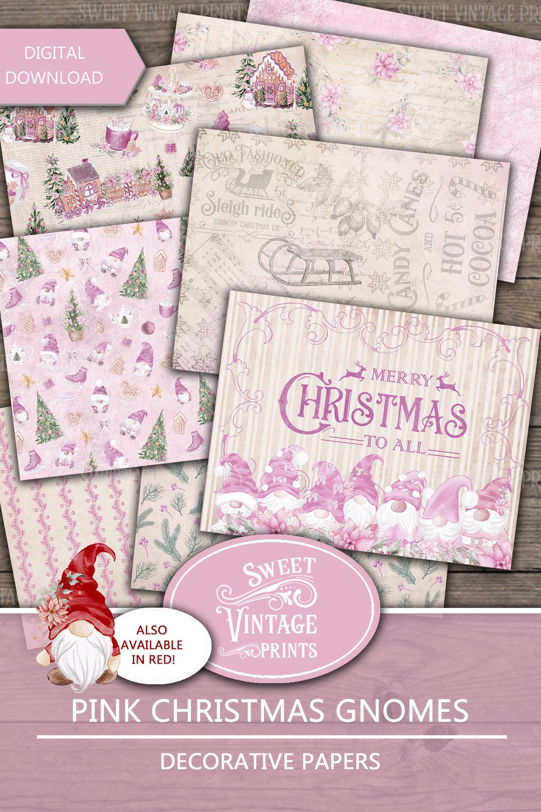 Pink Christmas Gnomes Digital Paper Pack, Pink Gnomes Junk Journal ...