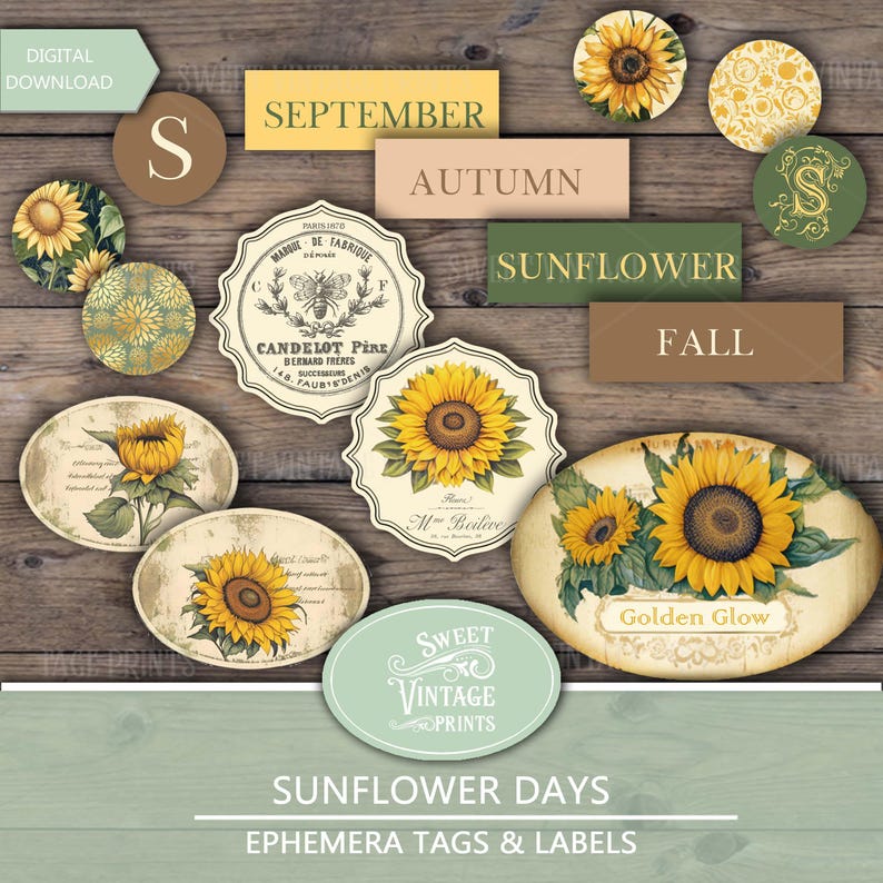 Sunflower Junk Journal Ephemera | Sunflower Printable Tags & Labels ...
