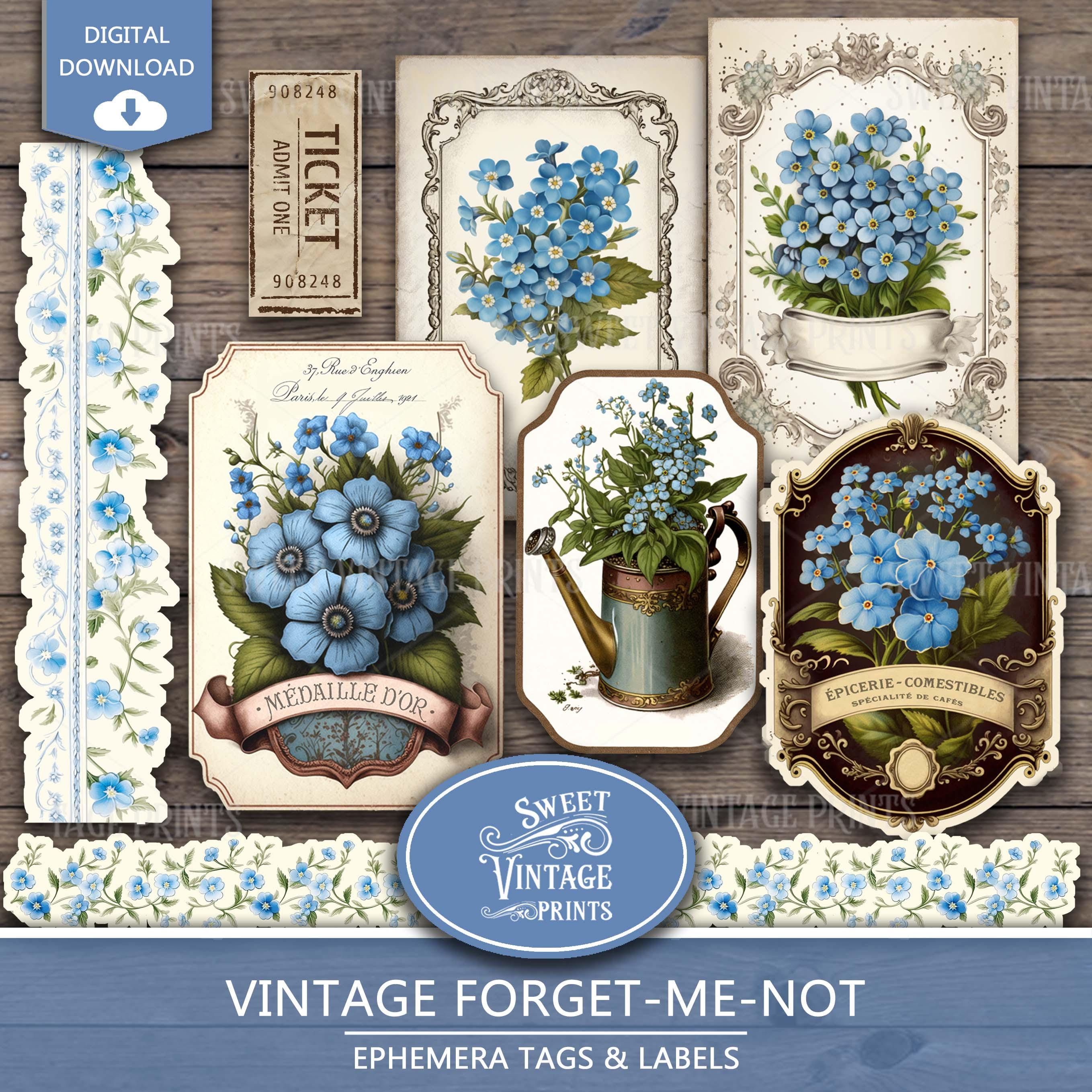 Forget-me-not Junk Journal Ephemera | Vintage Blue Printable Tags ...