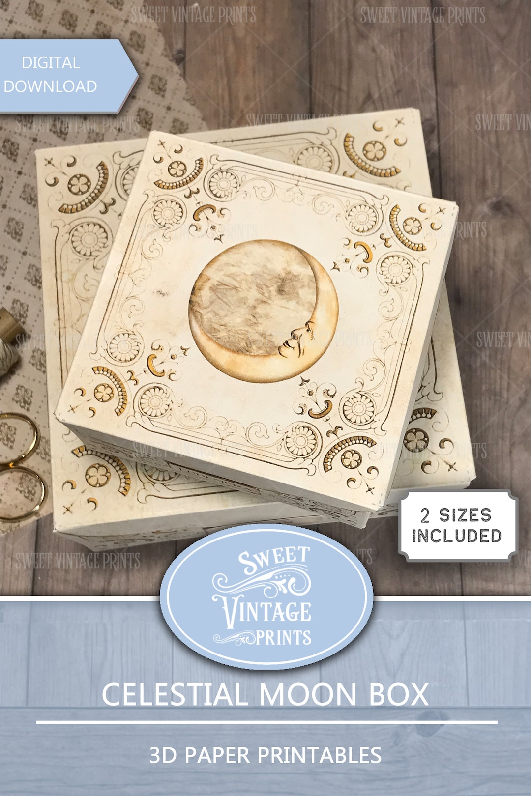 Vintage Celestial Box, Moon, Set of 2 Sizes, Printable, Junk Journal, Ephemera, Journal Box ...