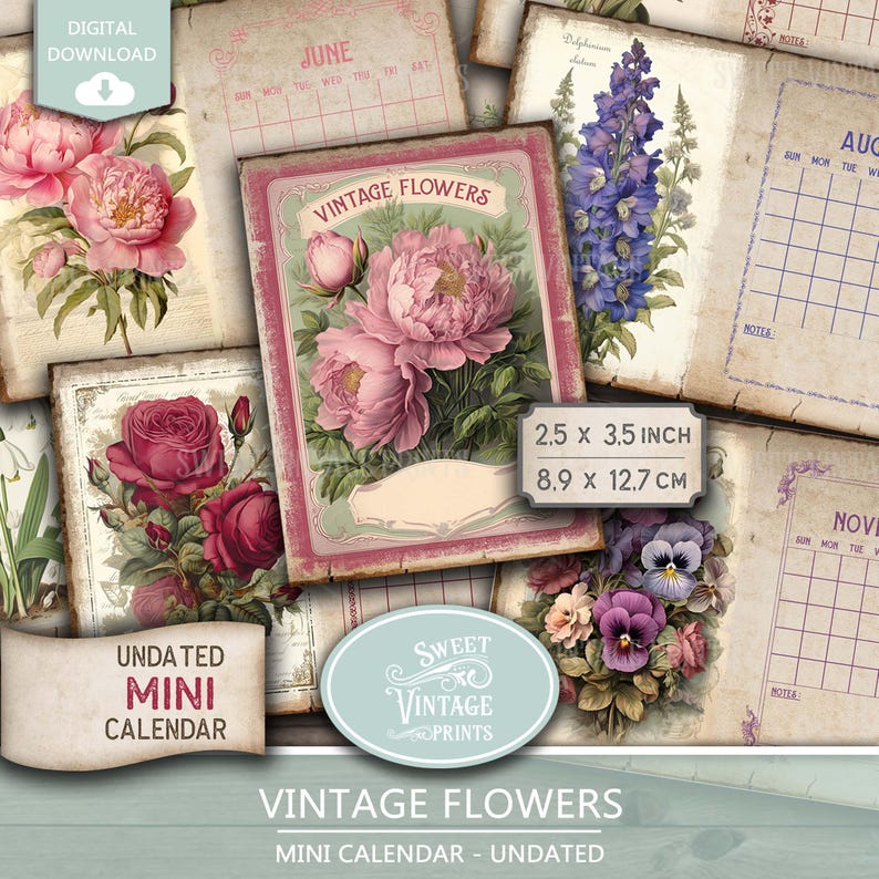 Printable Blank Calendar Undated | Vintage Flowers Mini Calendar ...