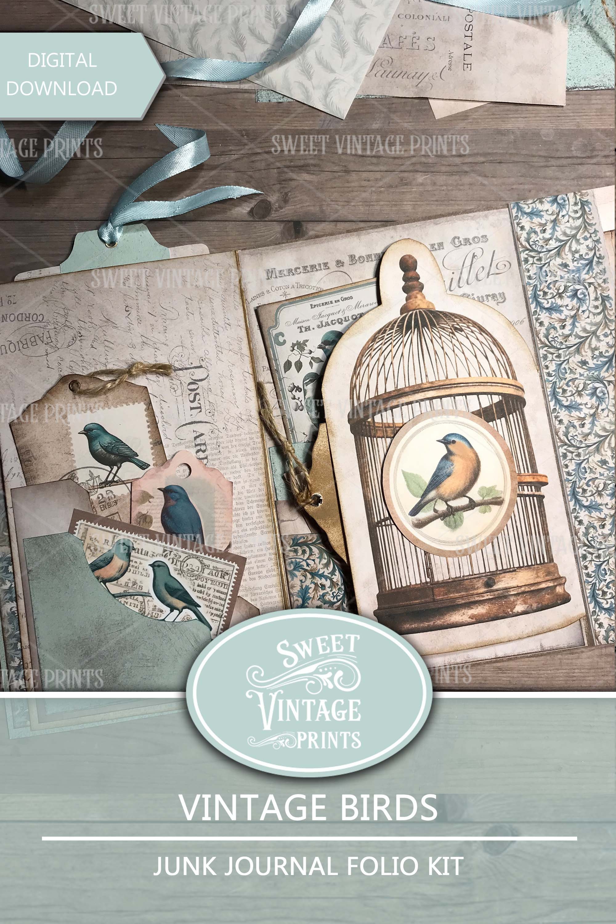 Junk Journal Folio Kit Vintage Birds, Vintage Birds Printable Folio ...