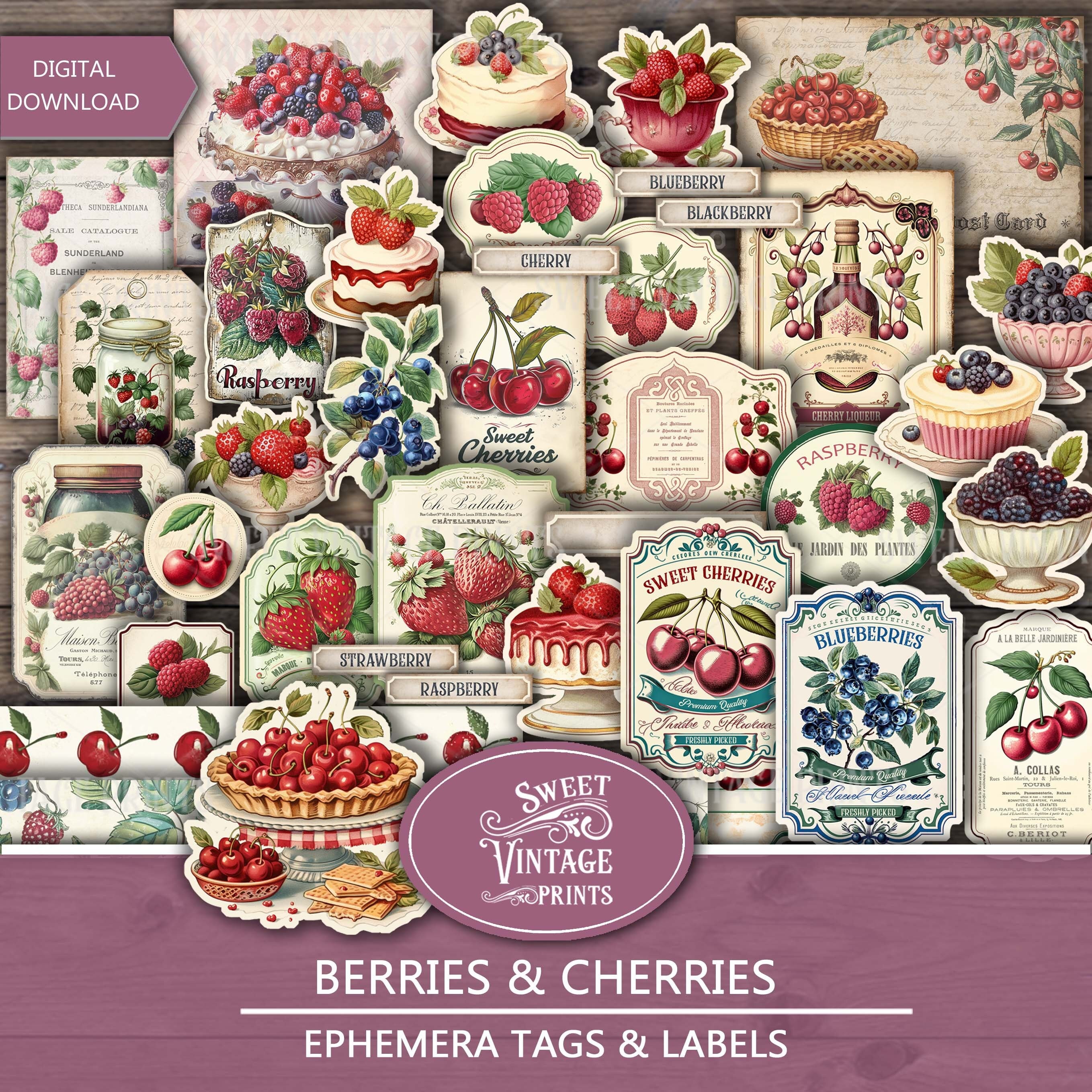 Cherry Junk Journal Ephemera | Printable Berry Tags & Labels | Vintage ...