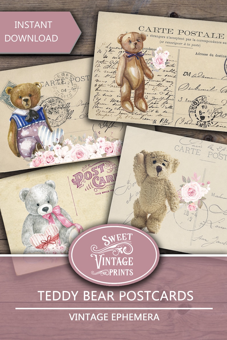 Vintage Teddy Bear Postcards Teddy Bear Junk Journal Teddy - Etsy