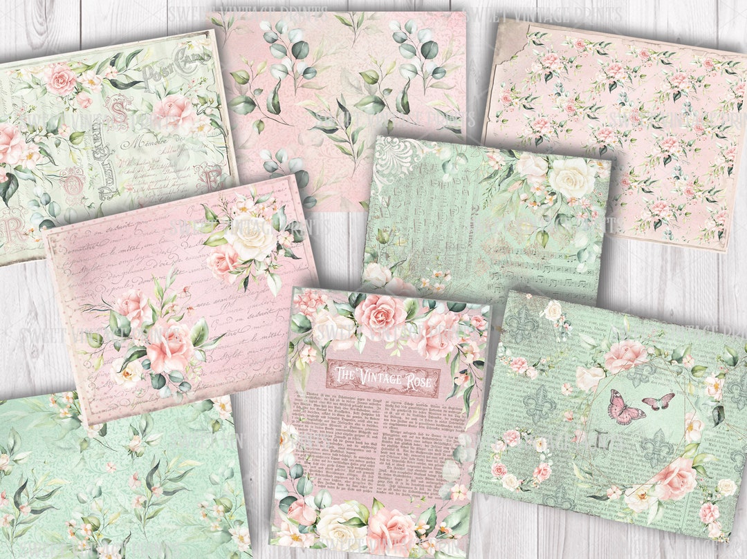 Vintage Rose, Digital Paper Pack, Shabby Rose Junk Journal, Pink, Green ...