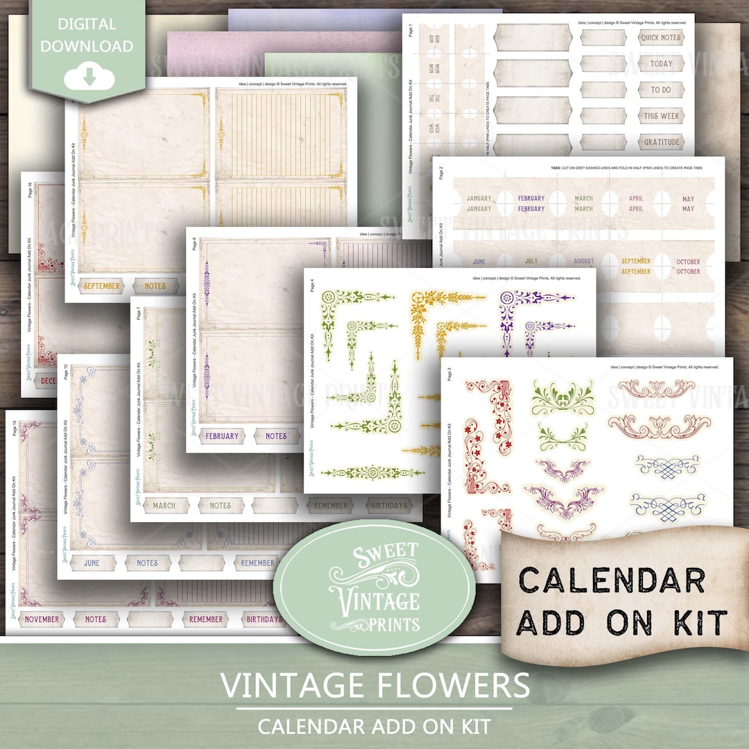 Vintage Flowers Junk Journal Calendar Add on | Undated Planner Note ...