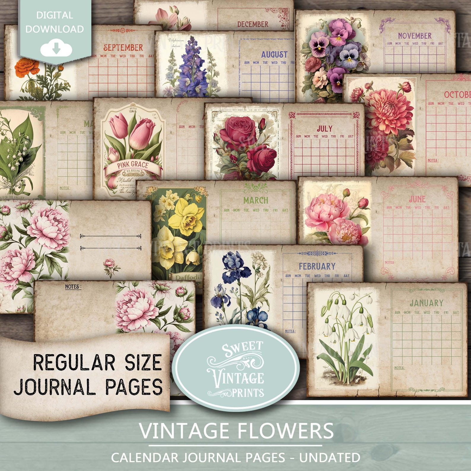 Printable Undated Calendar Junk Journal Pages | Regular Size Vintage ...
