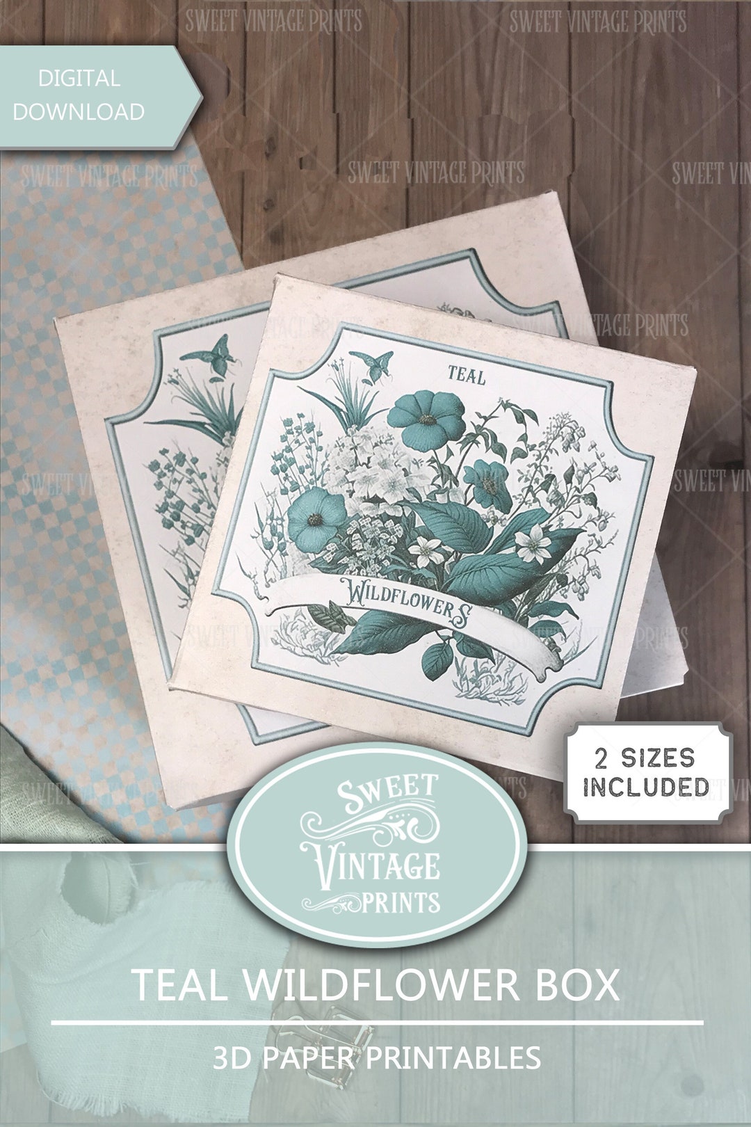 Printable Box, Vintage Flower Box, Teal Wildflower Box Kit, Printable ...