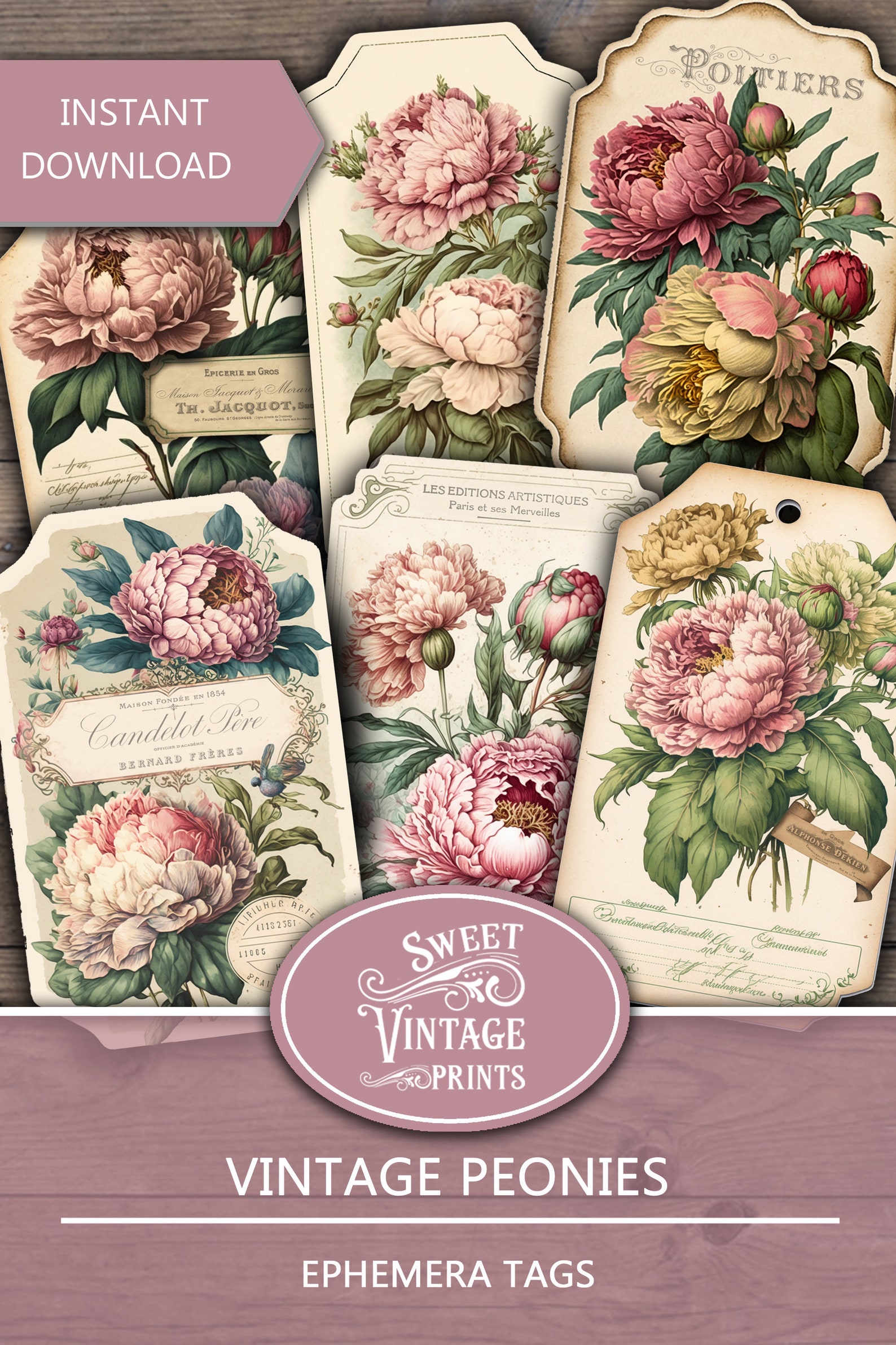 Vintage Peony Ephemera Tags, Peony Labels, Peonies Junk Journal, Peony ...