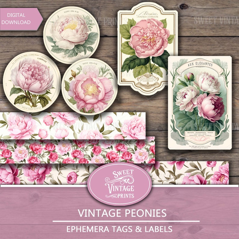 Peonies Junk Journal Ephemera | Pink Peony Printable Tags & Labels ...