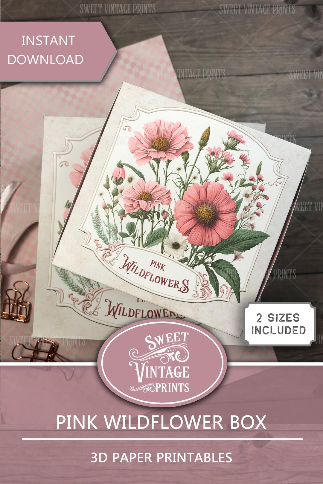 Printable Box, Vintage Flower Box, Pink Wildflower Box Kit, Printable ...
