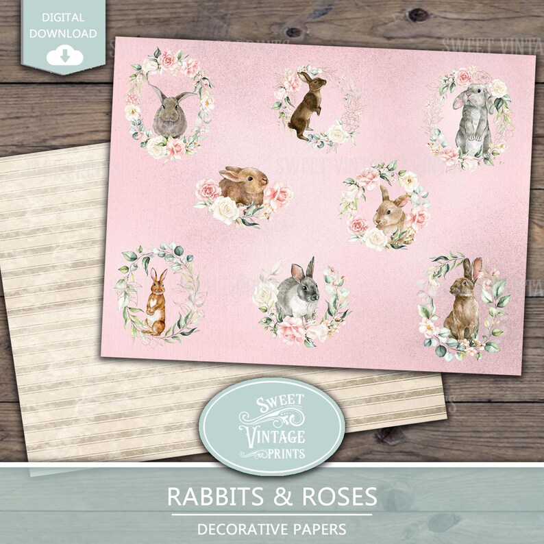 Rabbits & Roses Digital Paper | French Rabbit Junk Journal | Bunnies ...