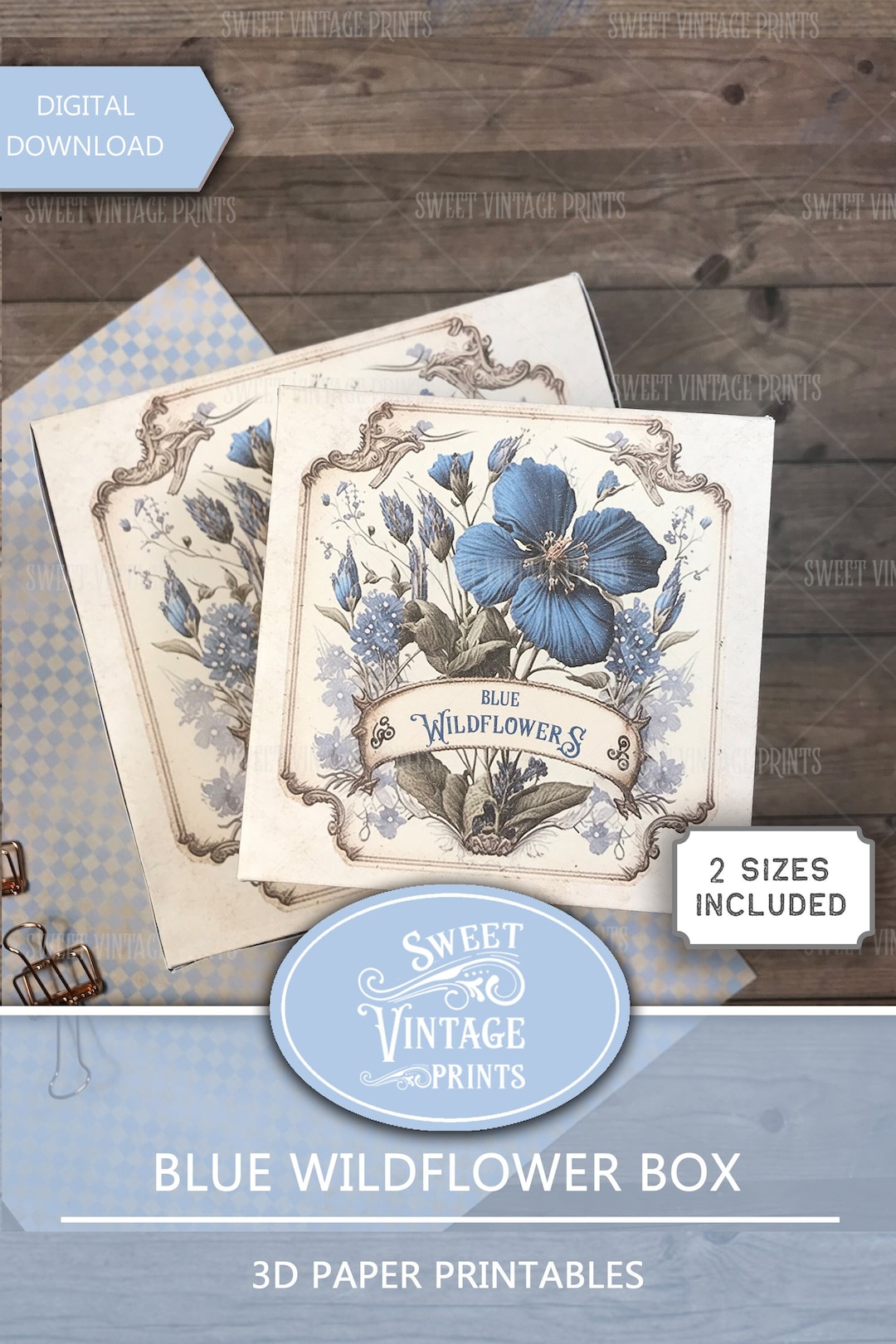 Printable Box, Vintage Flower Box, Blue Wildflower Box, Printable ...