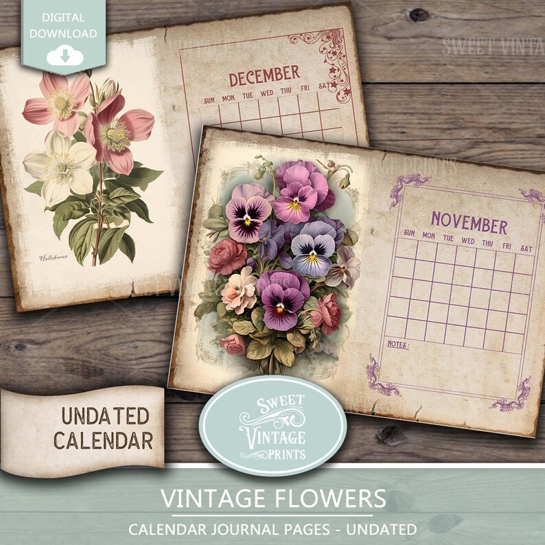 Printable Undated Calendar Junk Journal Pages | Regular Size Vintage ...