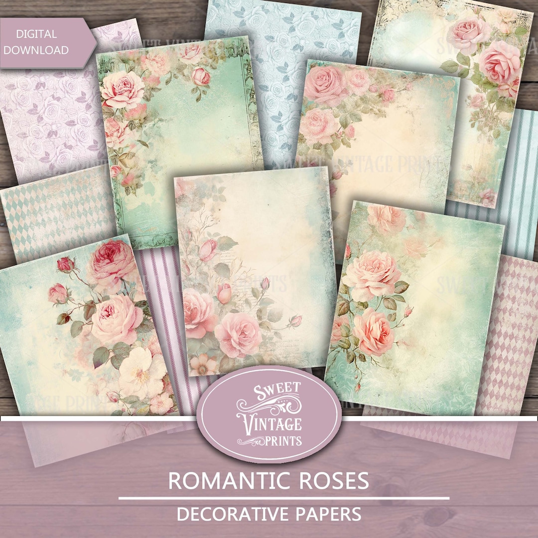 Shabby Rose Digital Paper Pack, Romantic Roses Printable Paper, Rose ...