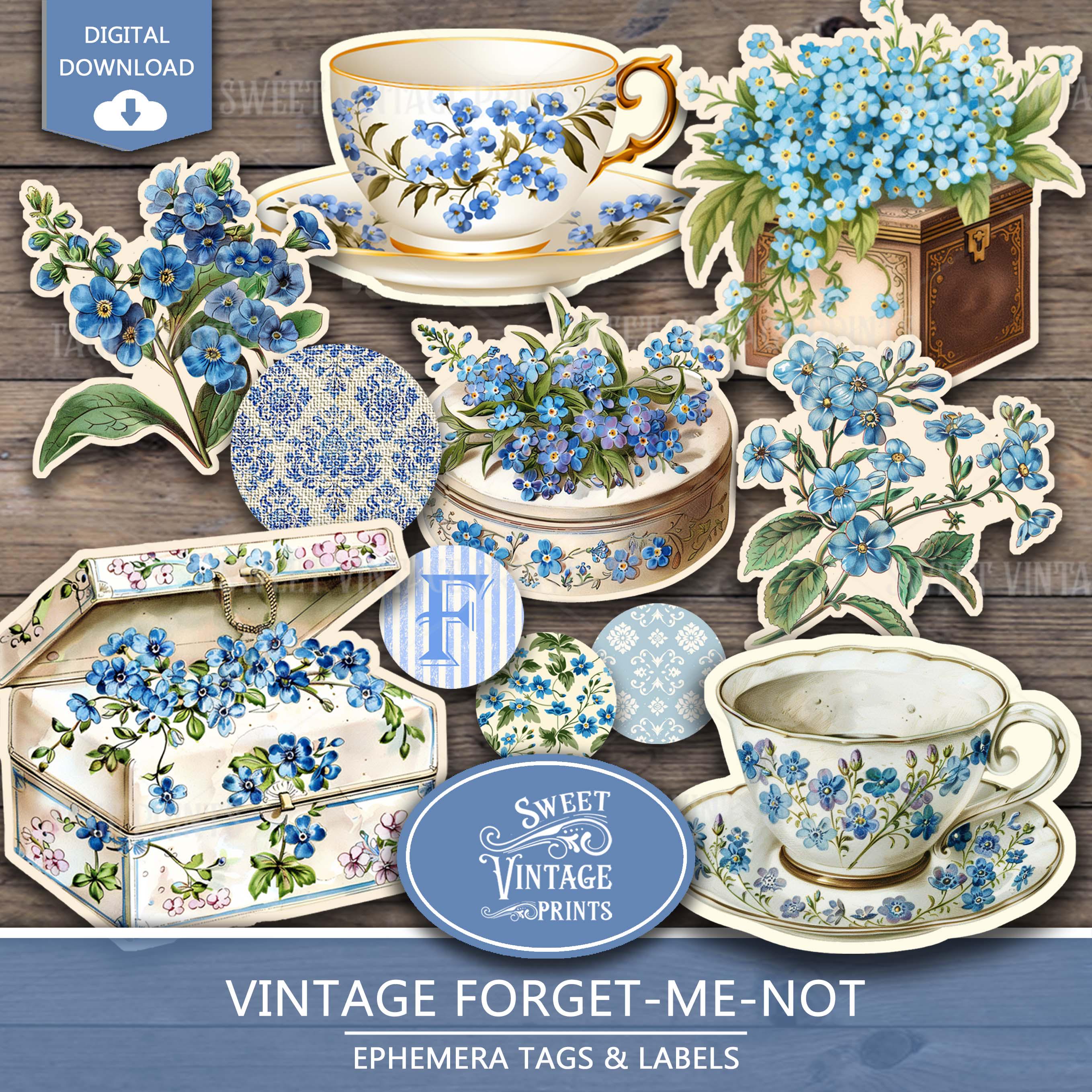 Forget-me-not Junk Journal Ephemera | Vintage Blue Printable Tags ...