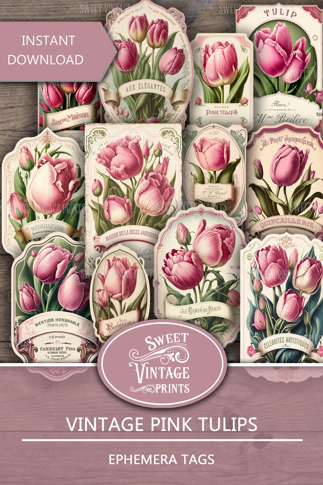 Vintage Pink Tulips Ephemera Tags, Tulip Labels, Tulip Junk Journal ...