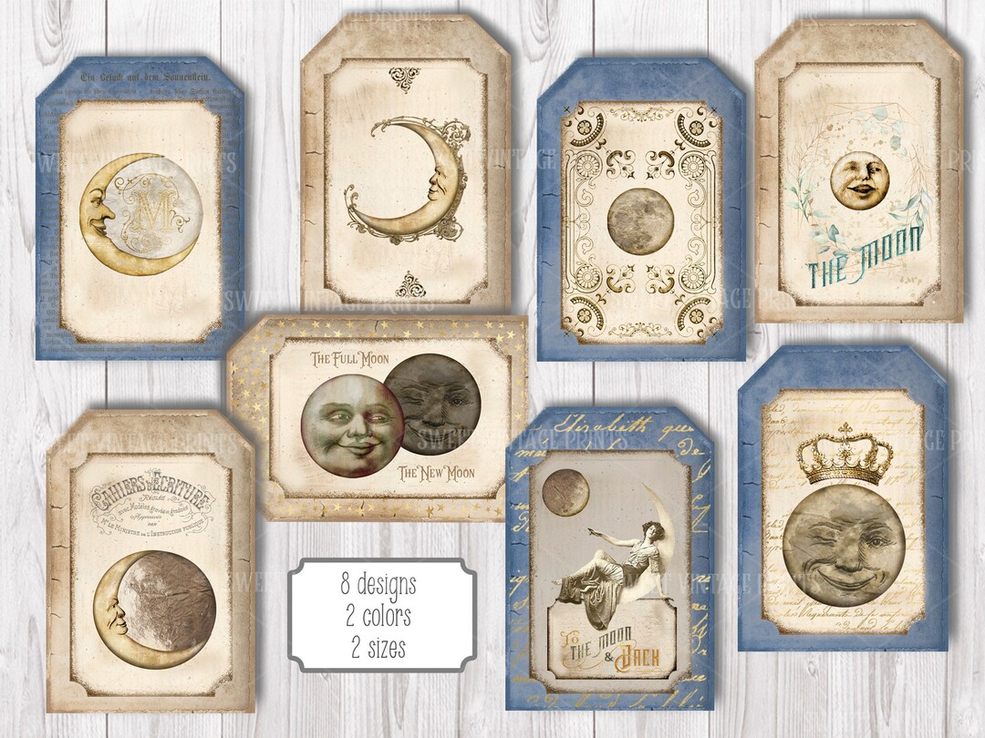 Moon Tags, Vintage, Moon Labels, Tag Flip, Junk Journal, Ephemera ...