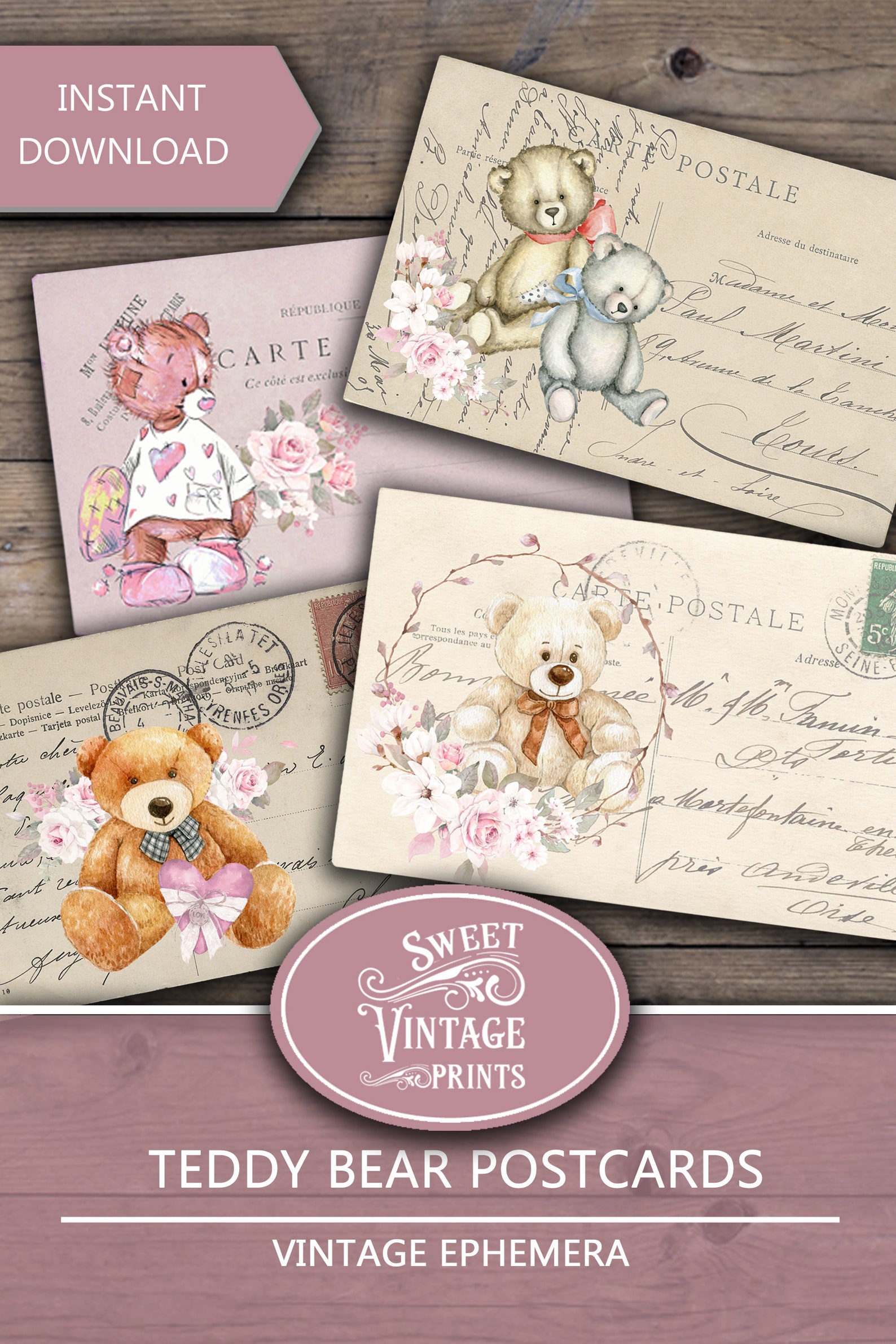 Vintage Teddy Bear Postcards, Teddy Bear Junk Journal, Teddy Bear ...
