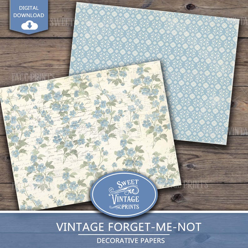 Vintage Forget-me-not Junk Journal Papers | Blue Florals Digital Paper ...