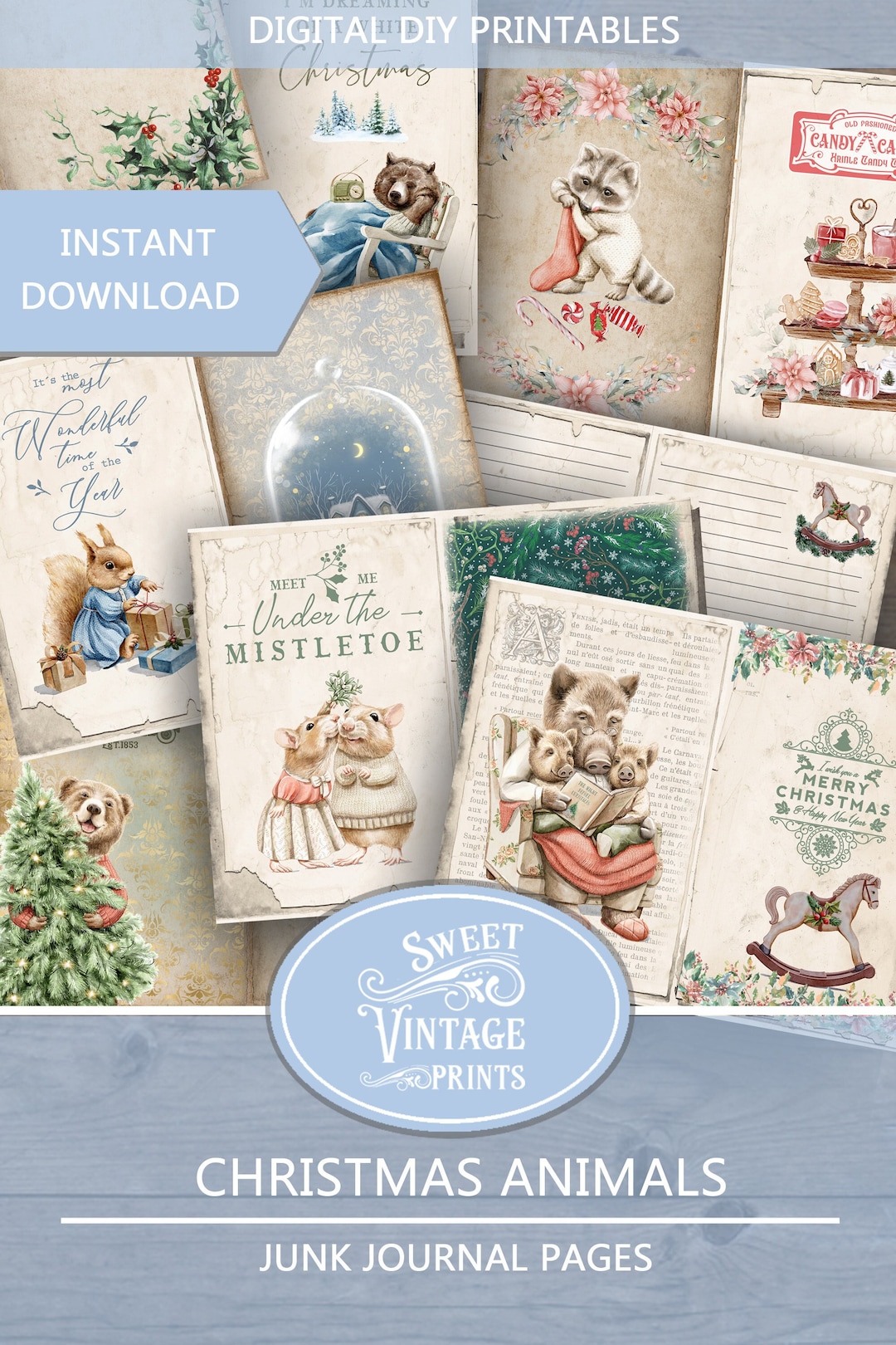 Christmas Animals Junk Journal Pages, Christmas Junk Journal Paper ...