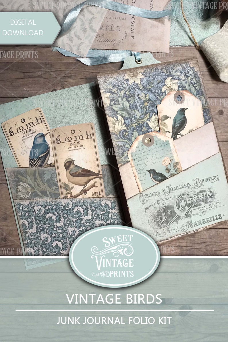 Junk Journal Folio Kit Vintage Birds, Vintage Birds Printable Folio ...