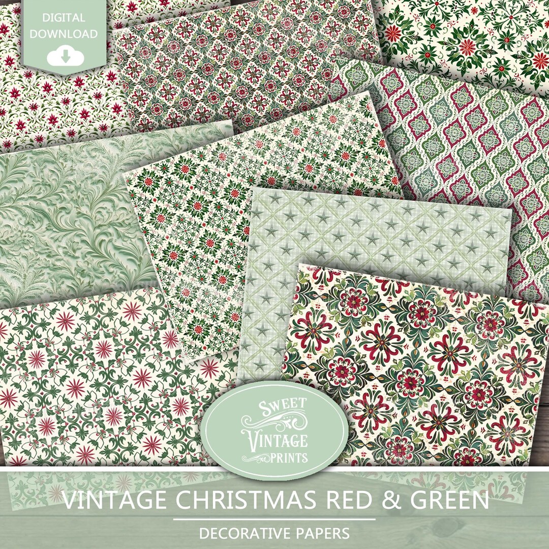 Christmas Junk Journal Papers | Red Green Christmas Digital Paper Pack ...